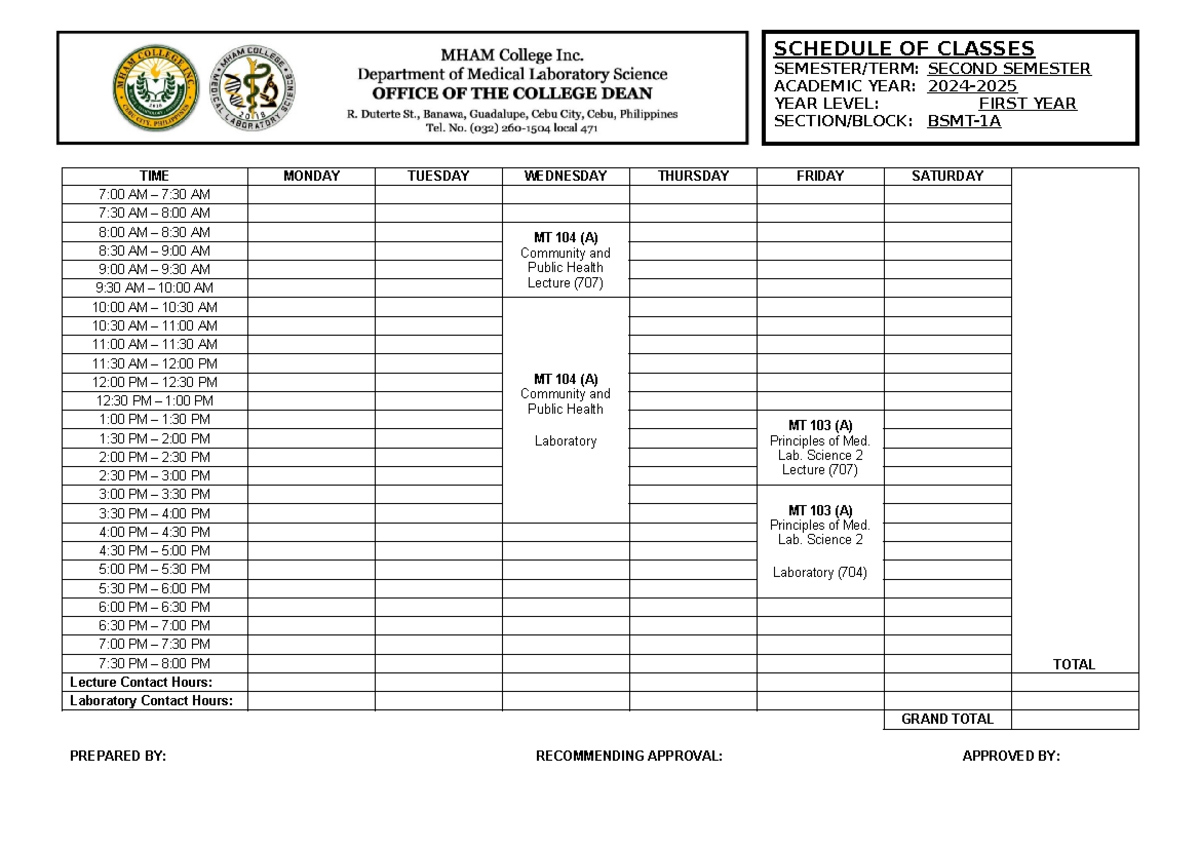 Schedule OF Classes Second Semester 2024 2025 - TIME MONDAY TUESDAY ...