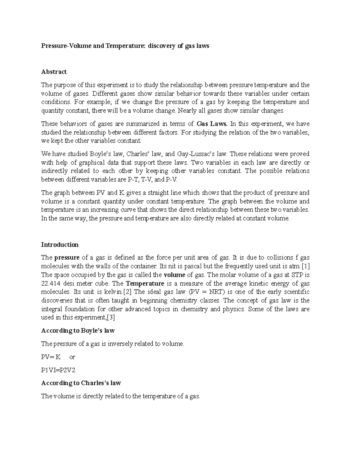 Gas Laws: Relationships of Pressure, Volume, and Temperature - Lab ...