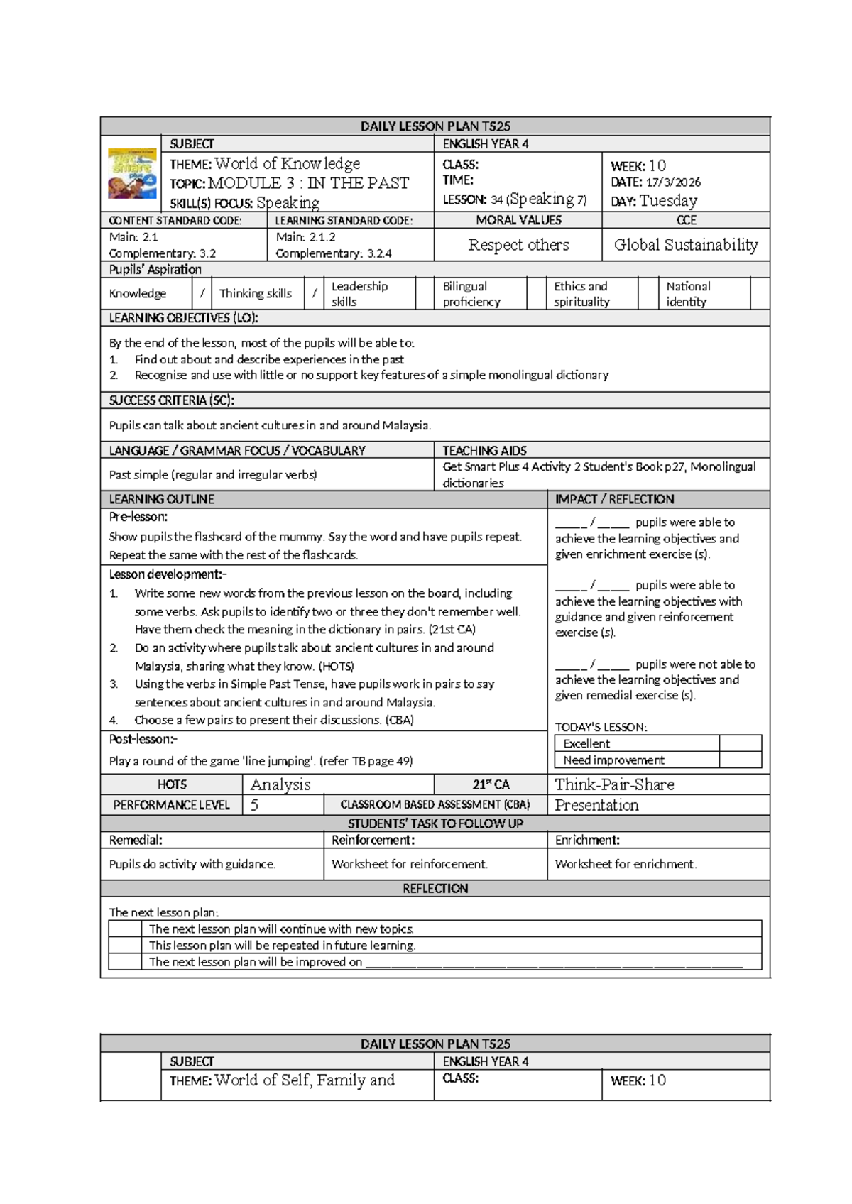 DAILY LESSON PLAN TS25: ENGLISH YEAR 4 - MODULE 3 IN THE PAST - Studocu