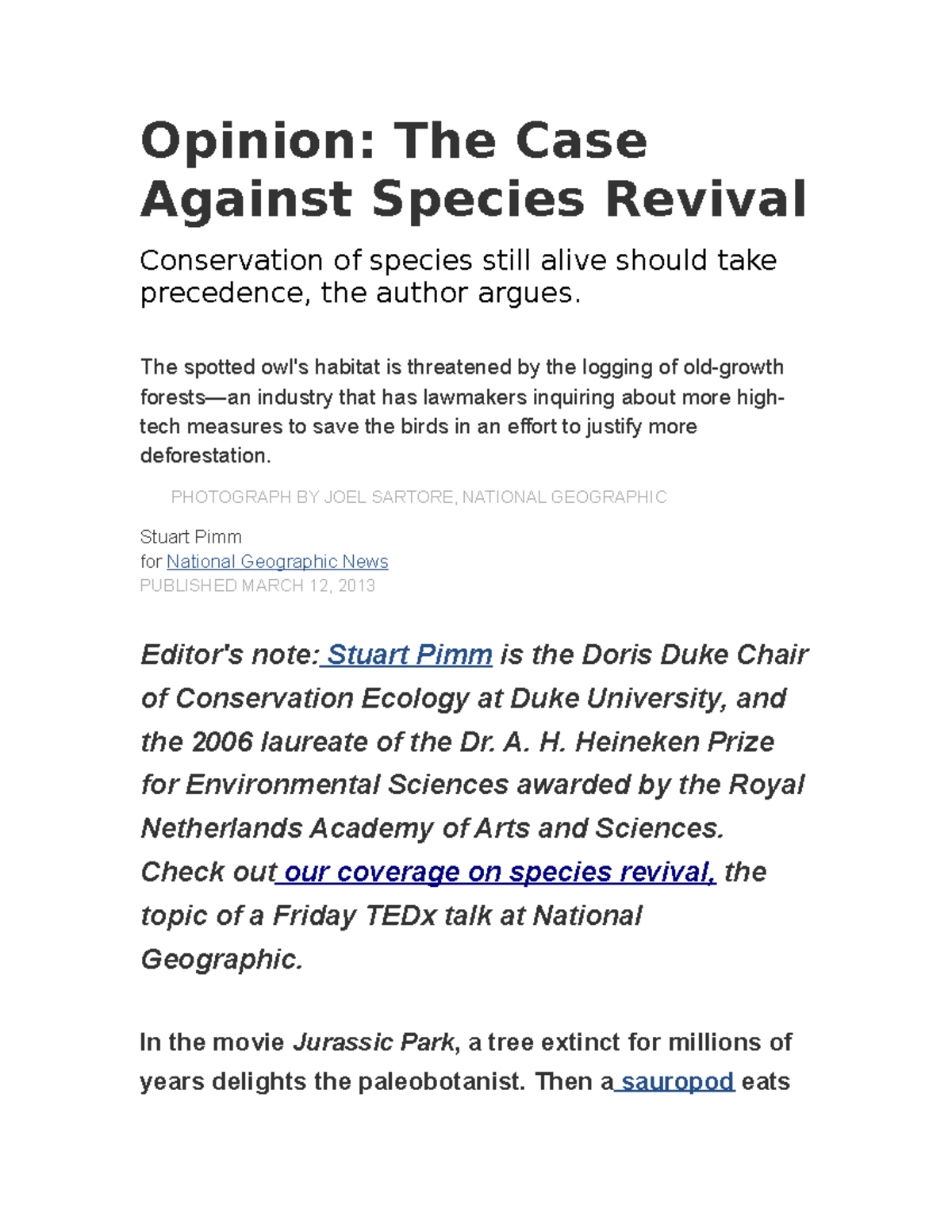 Case Against De-extinction: Prioritizing Living Species in Conservation ...