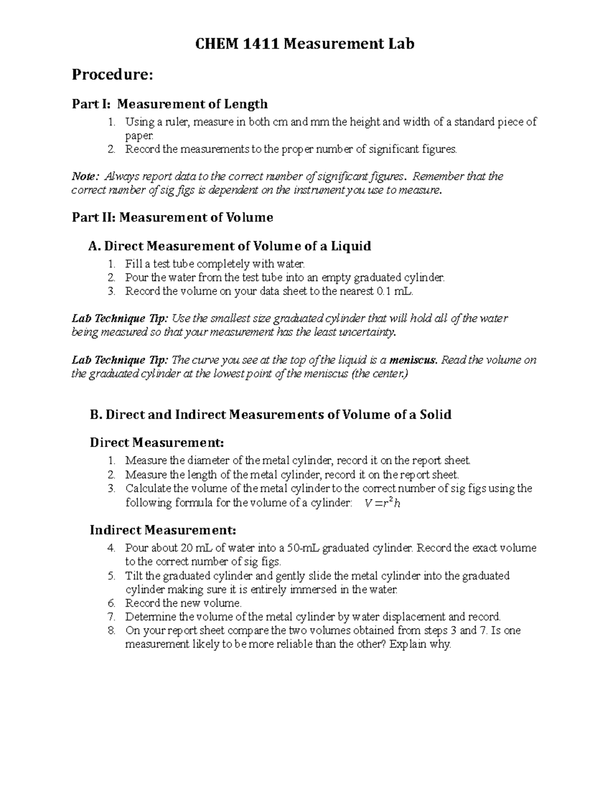 CHEM 1411 Measurement Lab Procedures and Results - Studocu