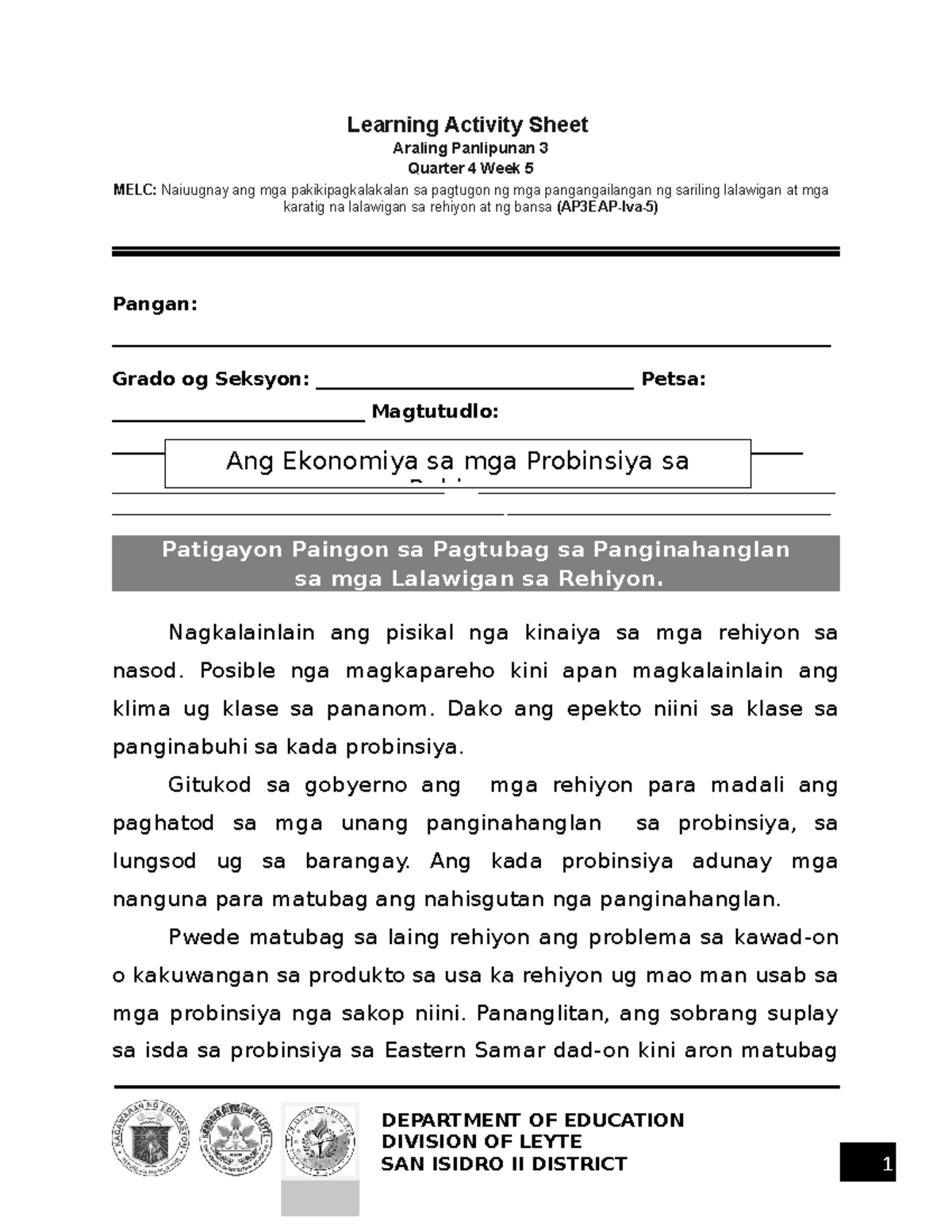 Araling panlipunan Learning Q4 W3 Learning Activity Sheets - Learning ...