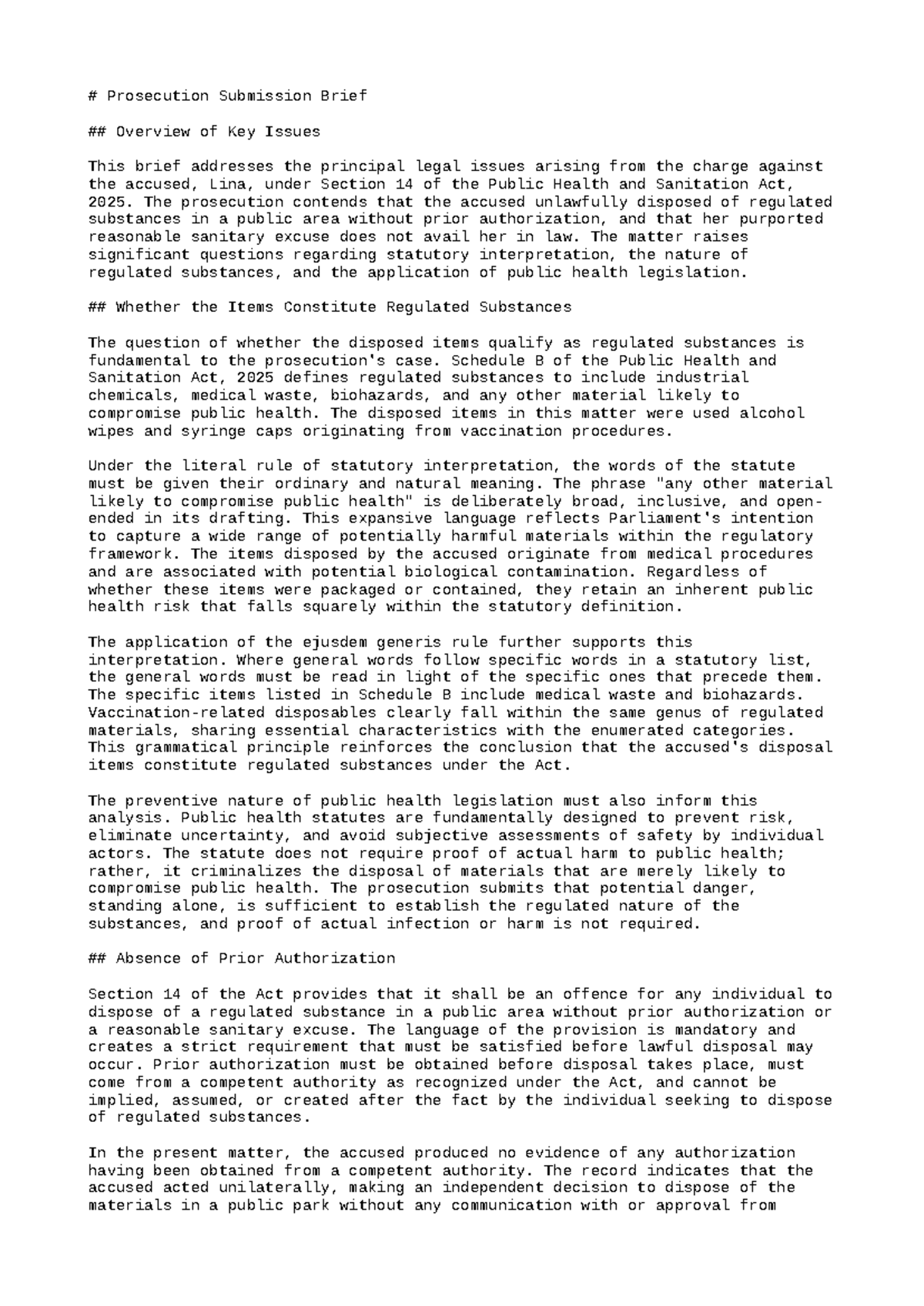 Prosecution Submission Brief: Key Legal Issues in Public Health Act ...