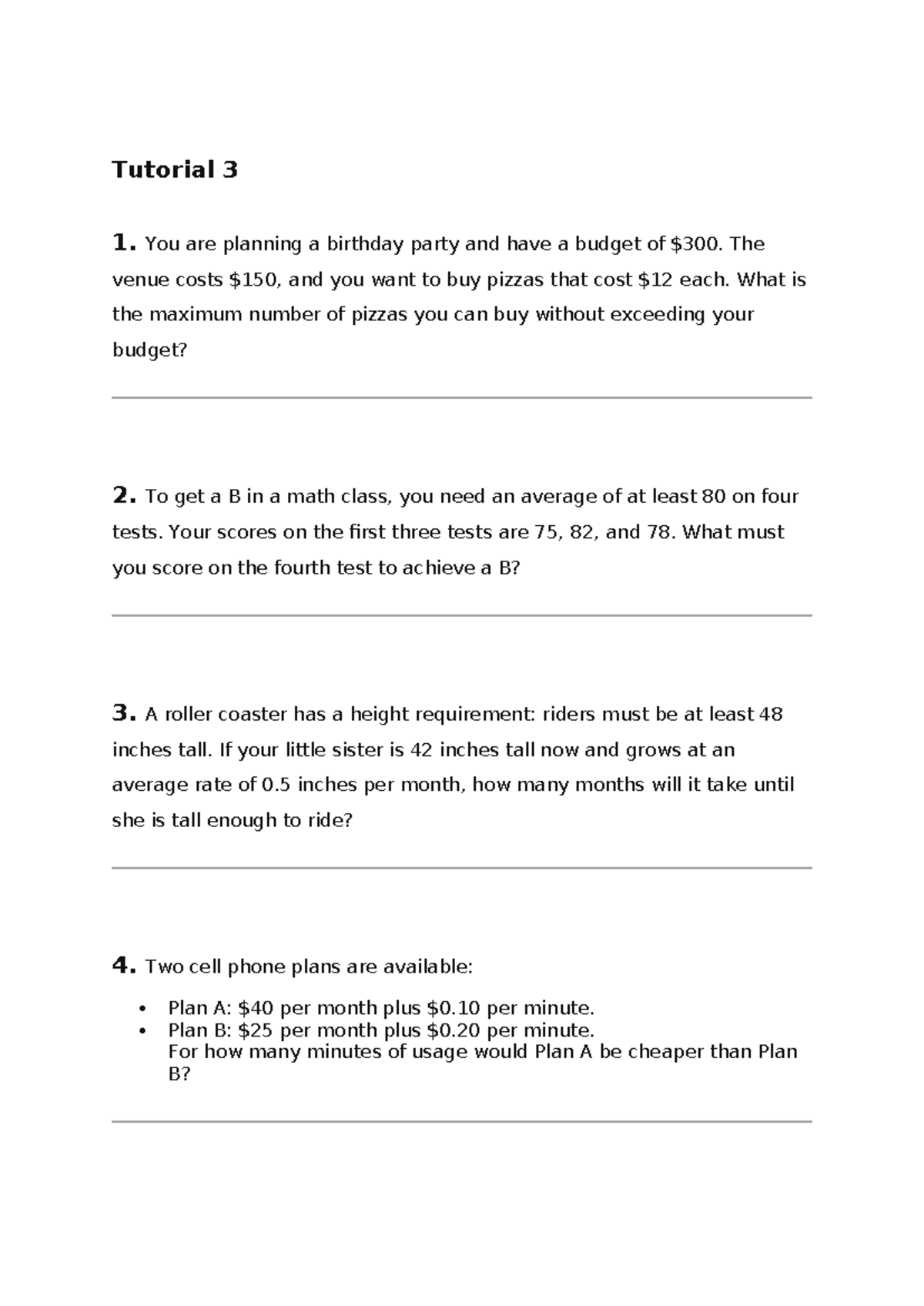 Tutorial 3 - Math Problems on Budgeting and Averages - Studocu