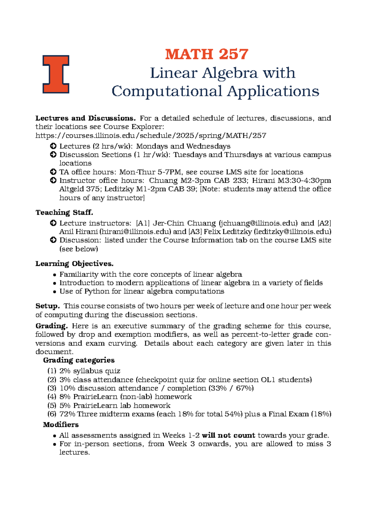 MATH 257 Linear Algebra with Computational Applications: Lecture ...