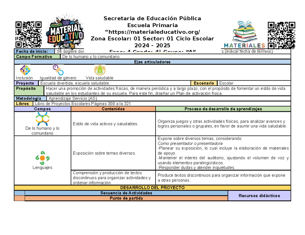 4to Abril Proyecto Escuela divertida, escuela saludable - Fecha de ...