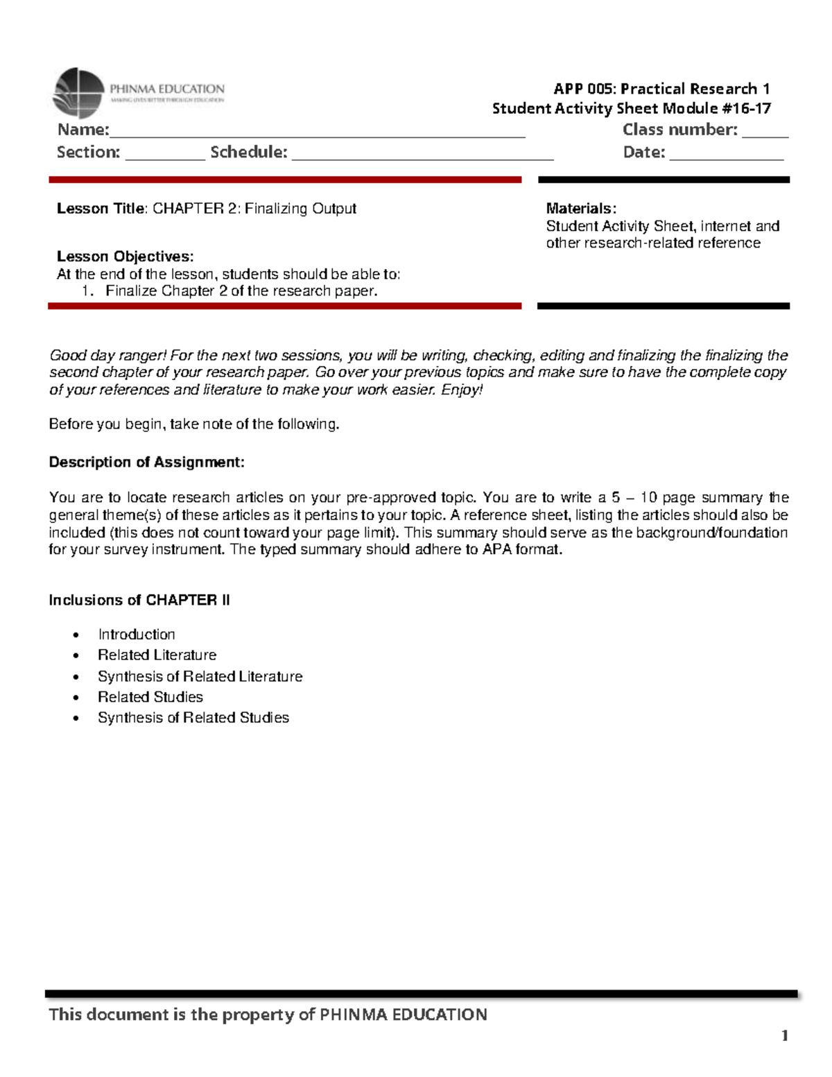 APP005 Chapter 2: Finalizing Research Paper Framework - Studocu