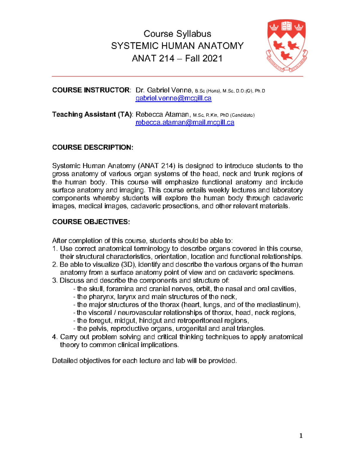 Anat 214 course syllabus - f2021 - Course Syllabus SYSTEMIC HUMAN ...