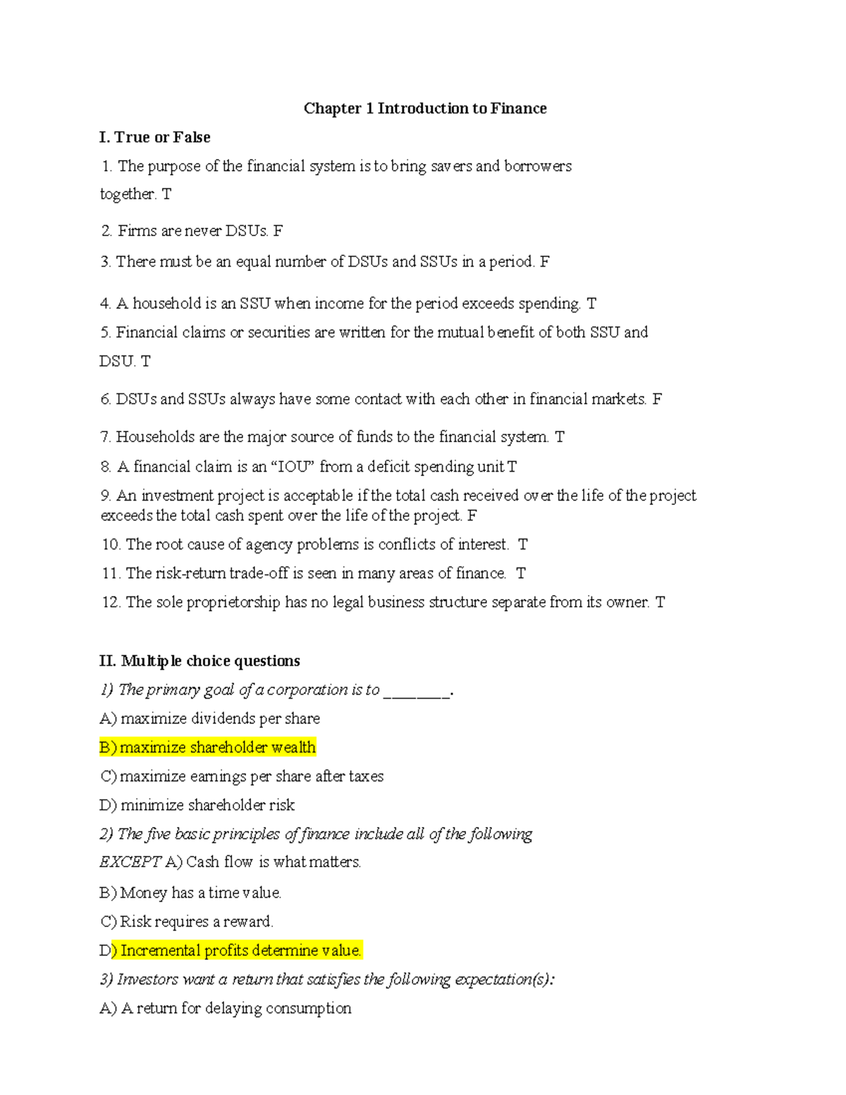 Chapter 1 Finance I: True/False & MCQs Review - Studocu