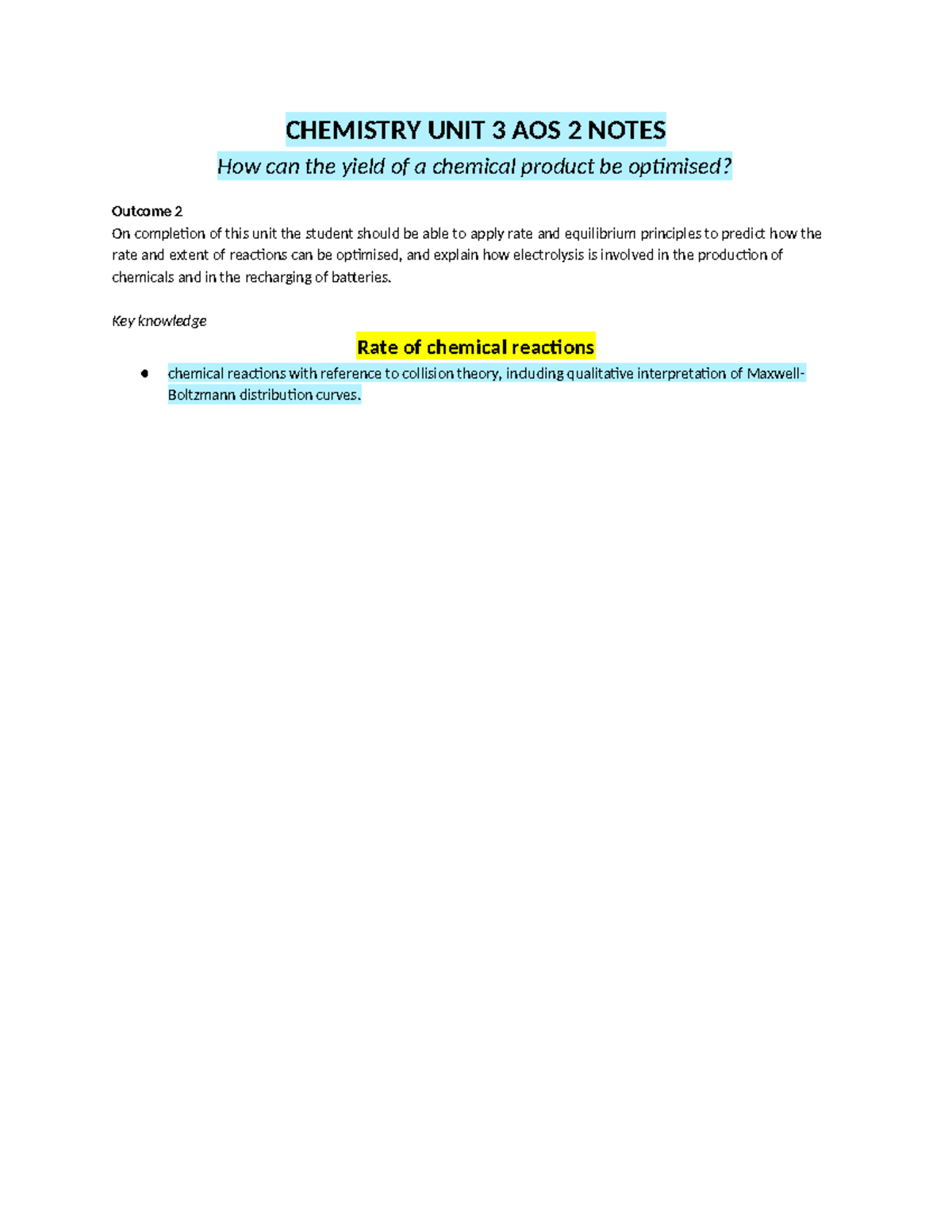 CHEM 3 AOS 2: Optimizing Chemical Yield and Reaction Rates Notes - Studocu