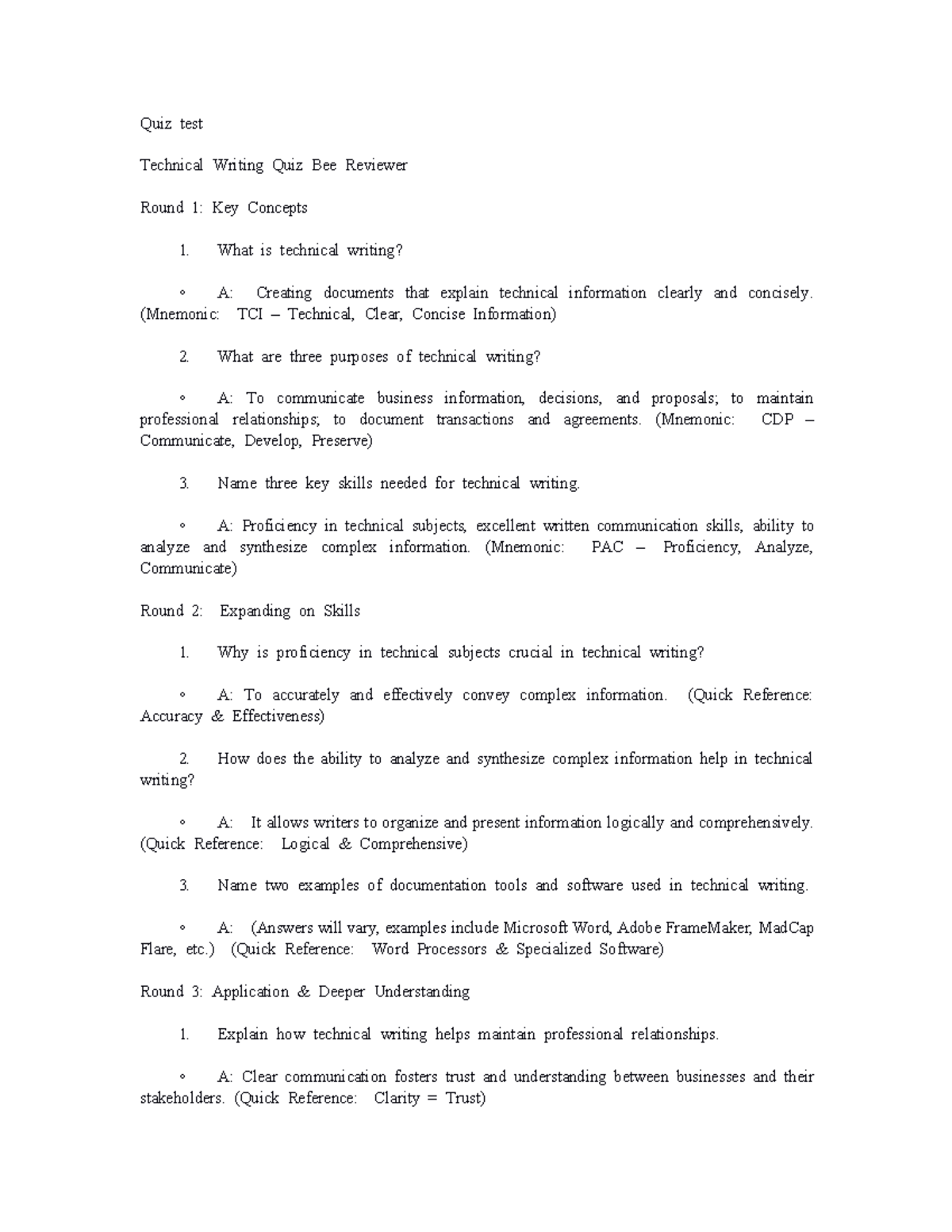 Technical Writing Quiz Bee Reviewer: Key Concepts & Properties - Studocu