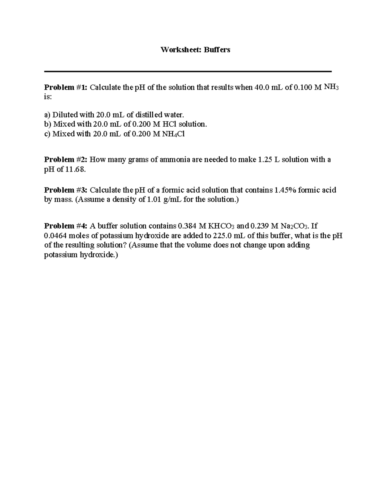 Worksheet 24 - Buffers and pH Calculations (Chemistry SCH4U ...