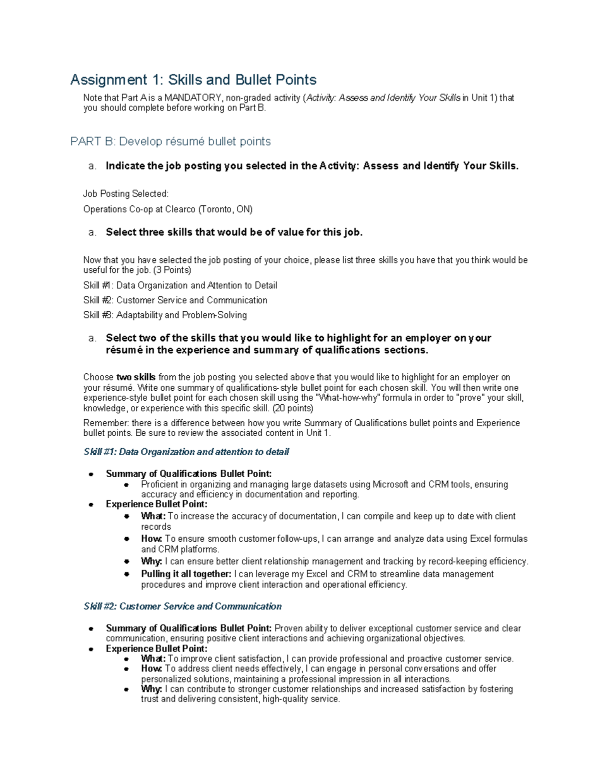 Assignment 1: Skills Assessment & Résumé Bullet Points - Studocu