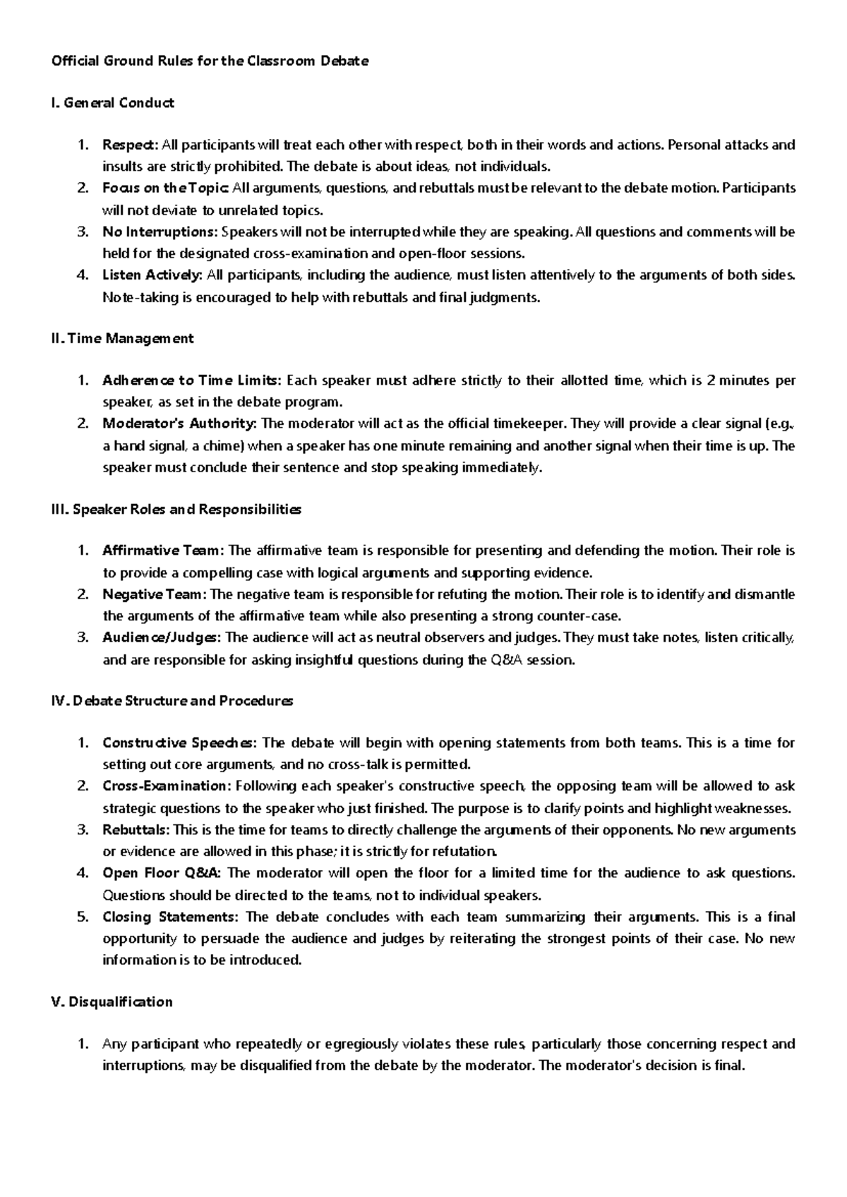 Classroom Debate Ground Rules: Conduct, Time, and Structure - Studocu