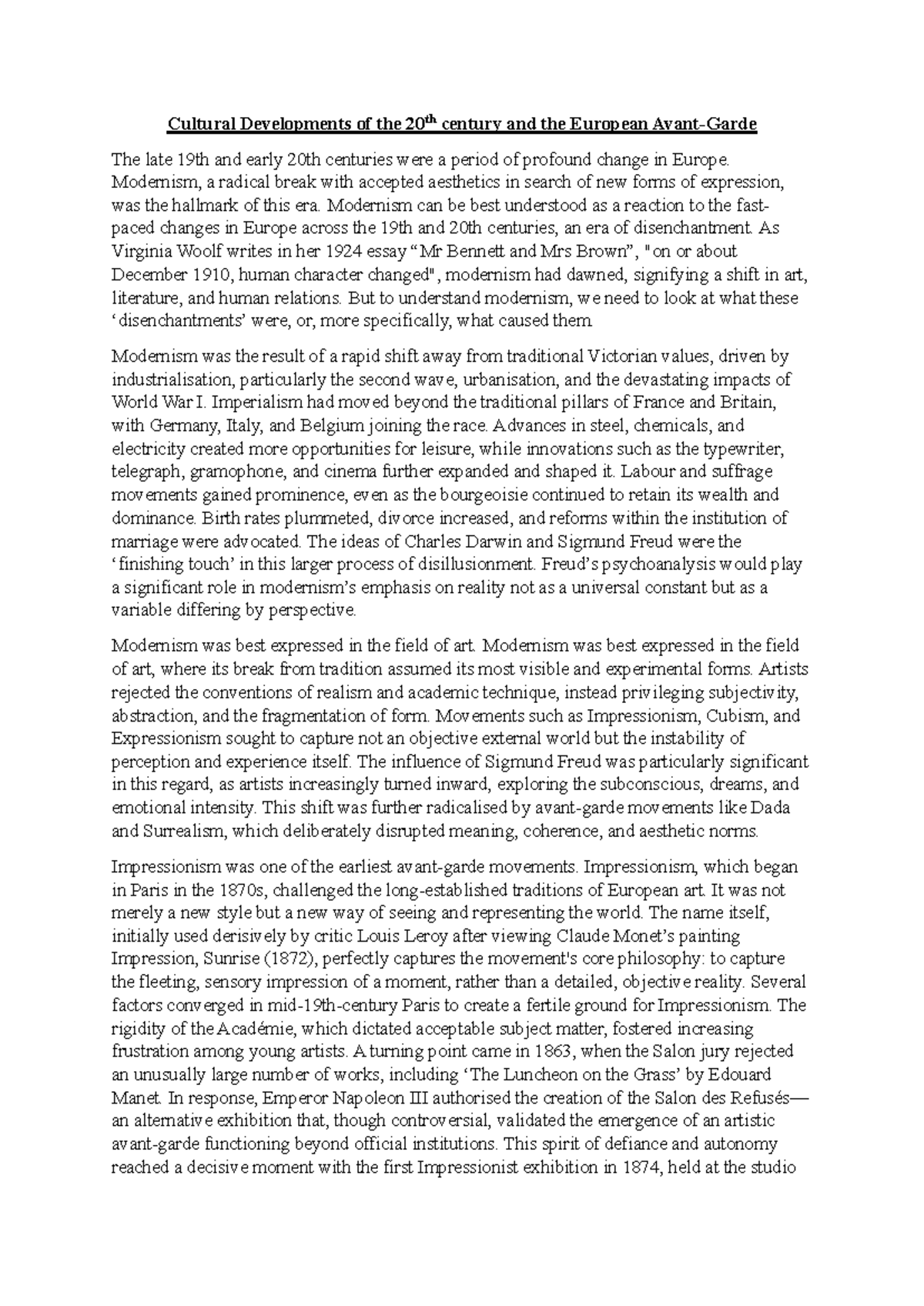 Class Summary - Modern Europe: Cultural Developments of the 20th ...