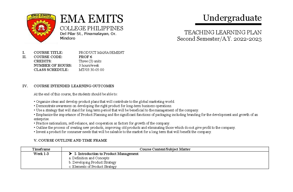 Product Management Syllabus (PROF 6) - Course Overview and Learning ...