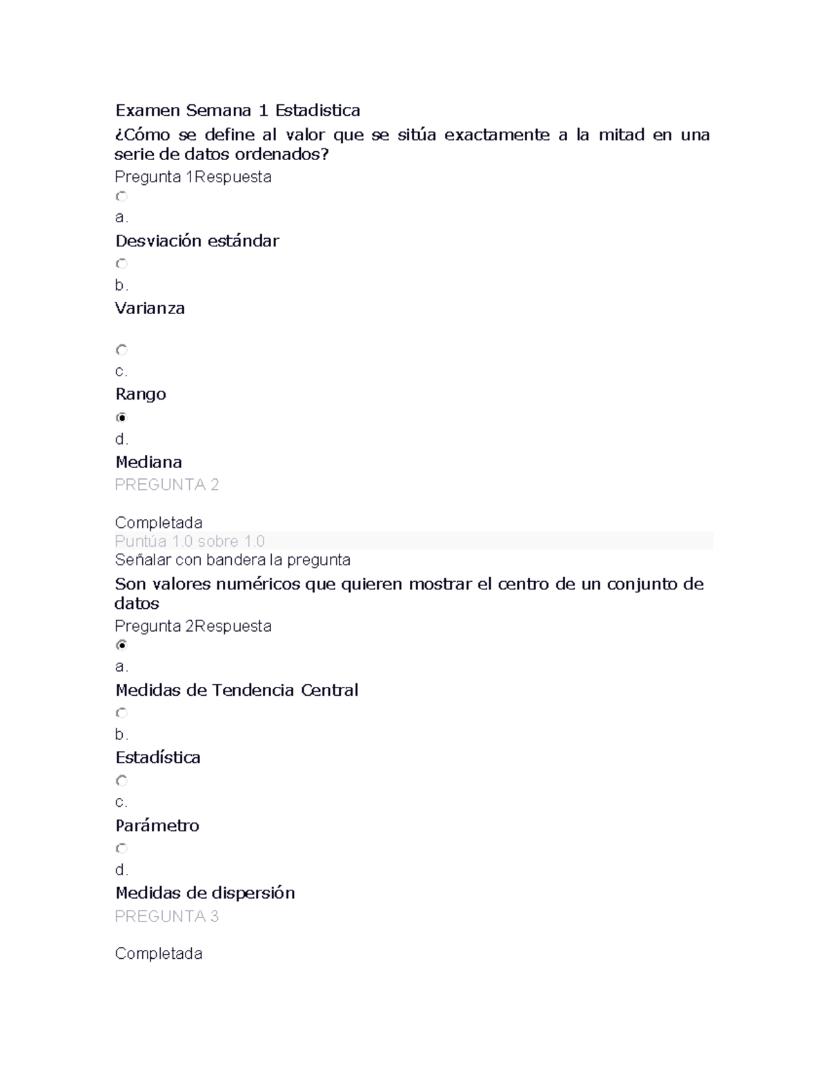 Examen Semana 1 - Estadística: Preguntas y Respuestas - Studocu