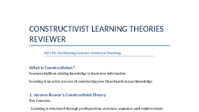 Constructivist Learning Theories Reviewer ED 105: Key Concepts ...