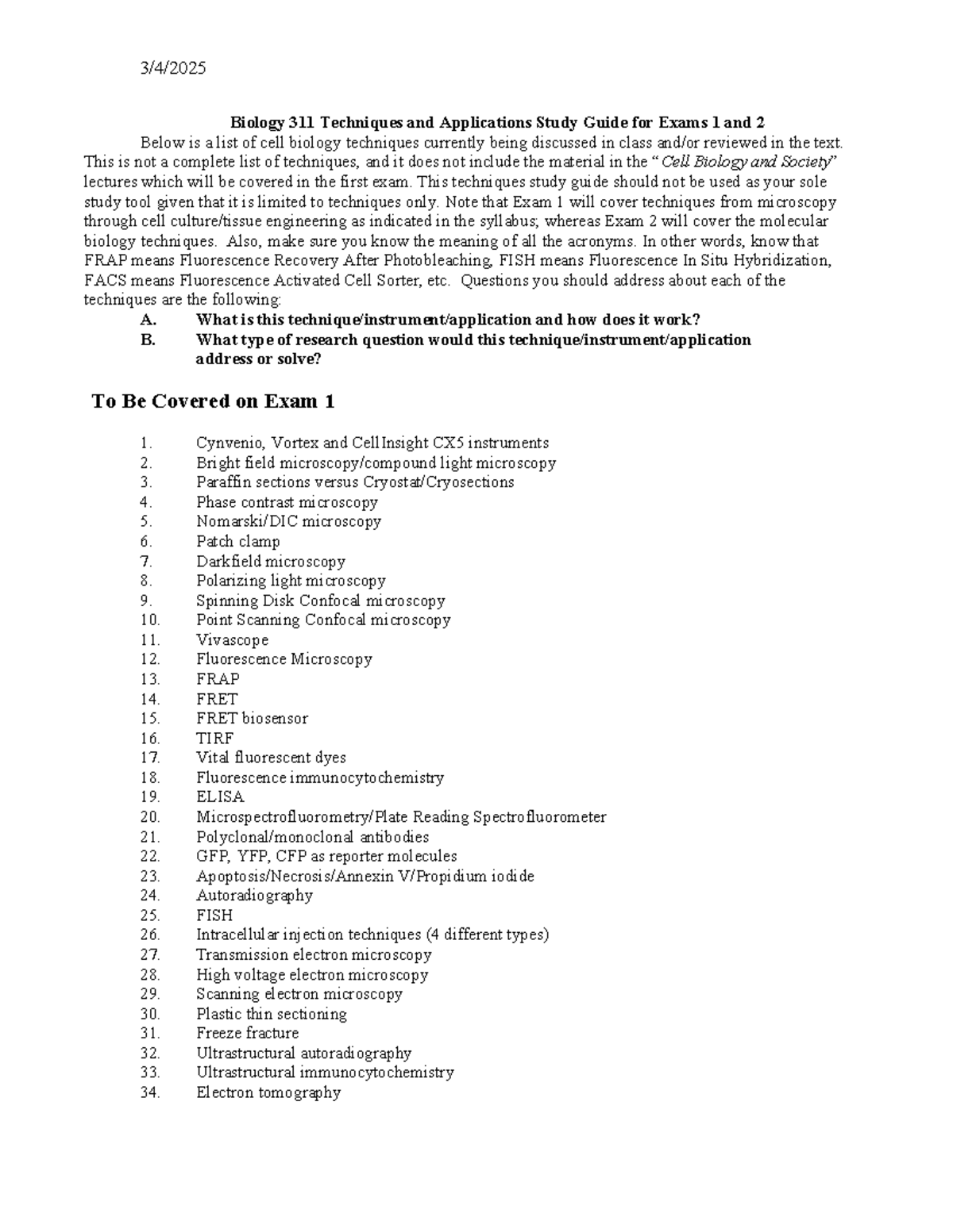 Biol. 311 Techniques Study Guide for Exams 1 & 2 - Spring 2025 - Studocu