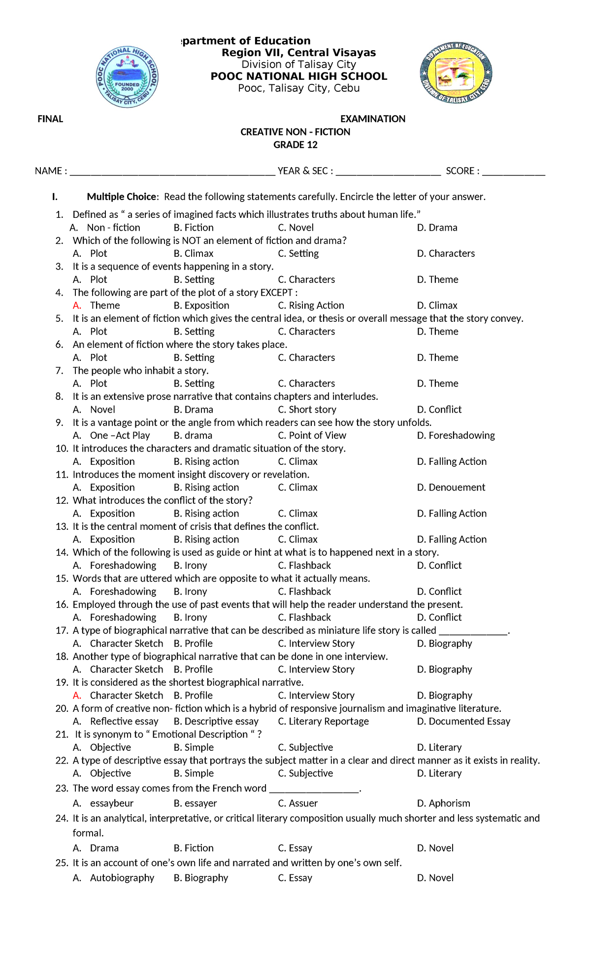 Grade 12 Creative Non-Fiction Final Exam (POOC) - Studocu