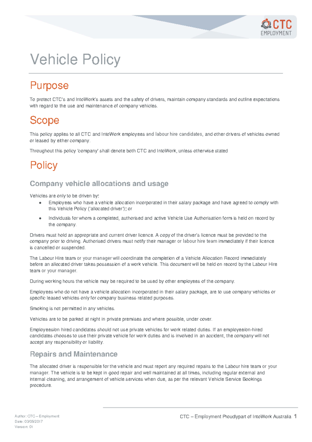 CTC-IntoWork Vehicle Policy Template for Employees and Drivers - Studocu