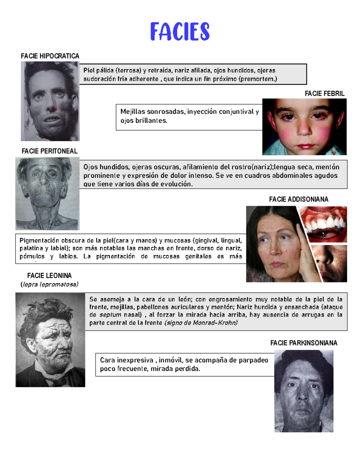 Facies - FACIES FACIE HIPOCRATICA Piel pálida (terrosa) y retraída ...