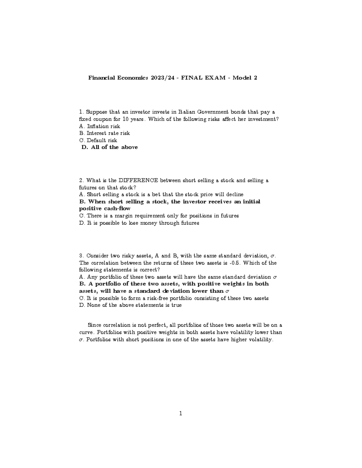 Financial Economics FINAL EXAM Model 2 Solutions 2024 - Studocu