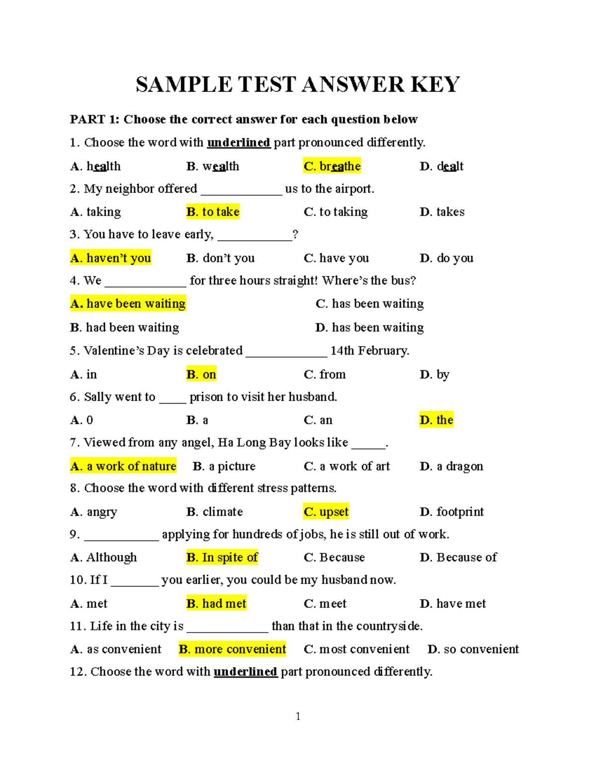 03. Sample Test AV2 - KEY - SAMPLE TEST ANSWER KEY PART 1: Choose the ...