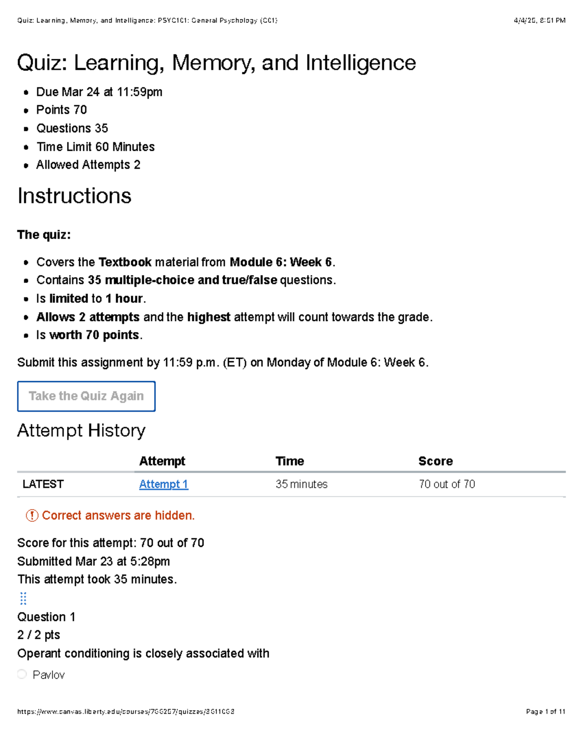 Quiz on Learning, Memory, and Intelligence: PSYC101 (C01) - Studocu
