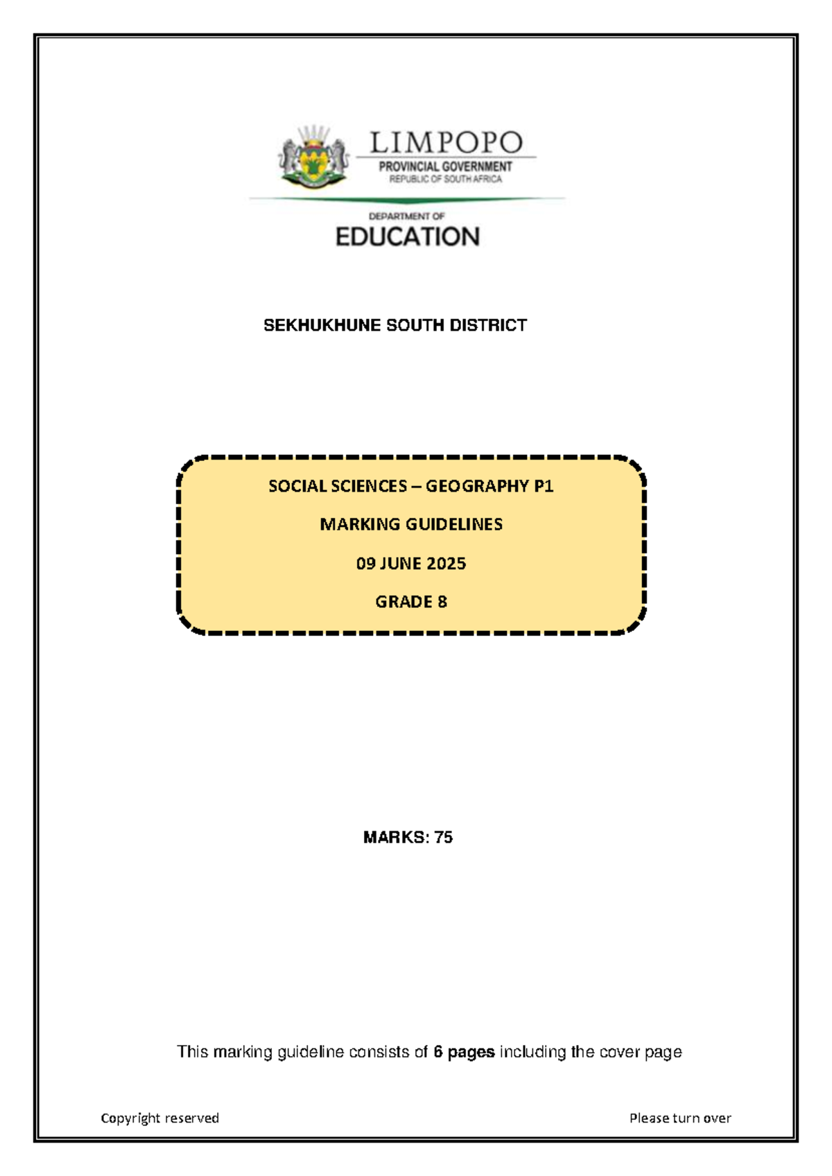 SS Grade 8 Geography P1 Marking Guidelines - Term 2 2025 - Studocu
