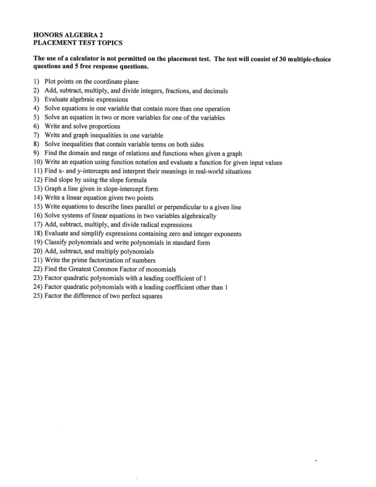 Honors Algebra 2: Placement Test Study Guide & Topics Review - Studocu