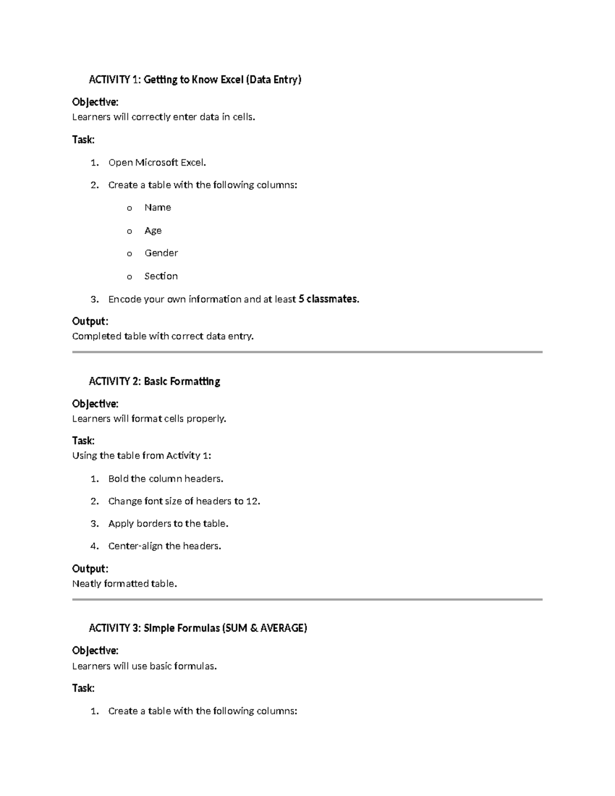 Excel Activities: Data Entry, Formatting, Formulas & Charts - Studocu