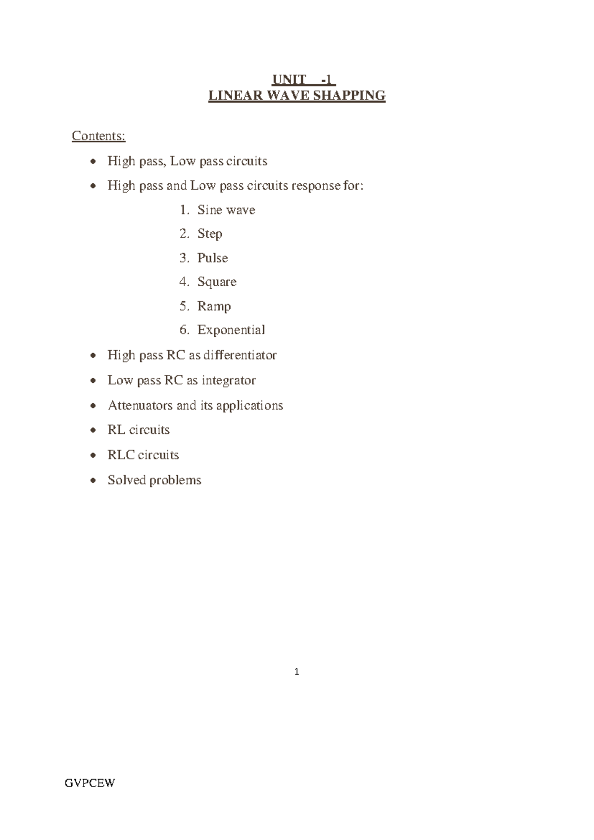 3 ECE - PDC UNIT - I - PDC UNIT - I - GVPCEW UNIT - LINEAR WAVE SHAPPING Contents: High pass ...