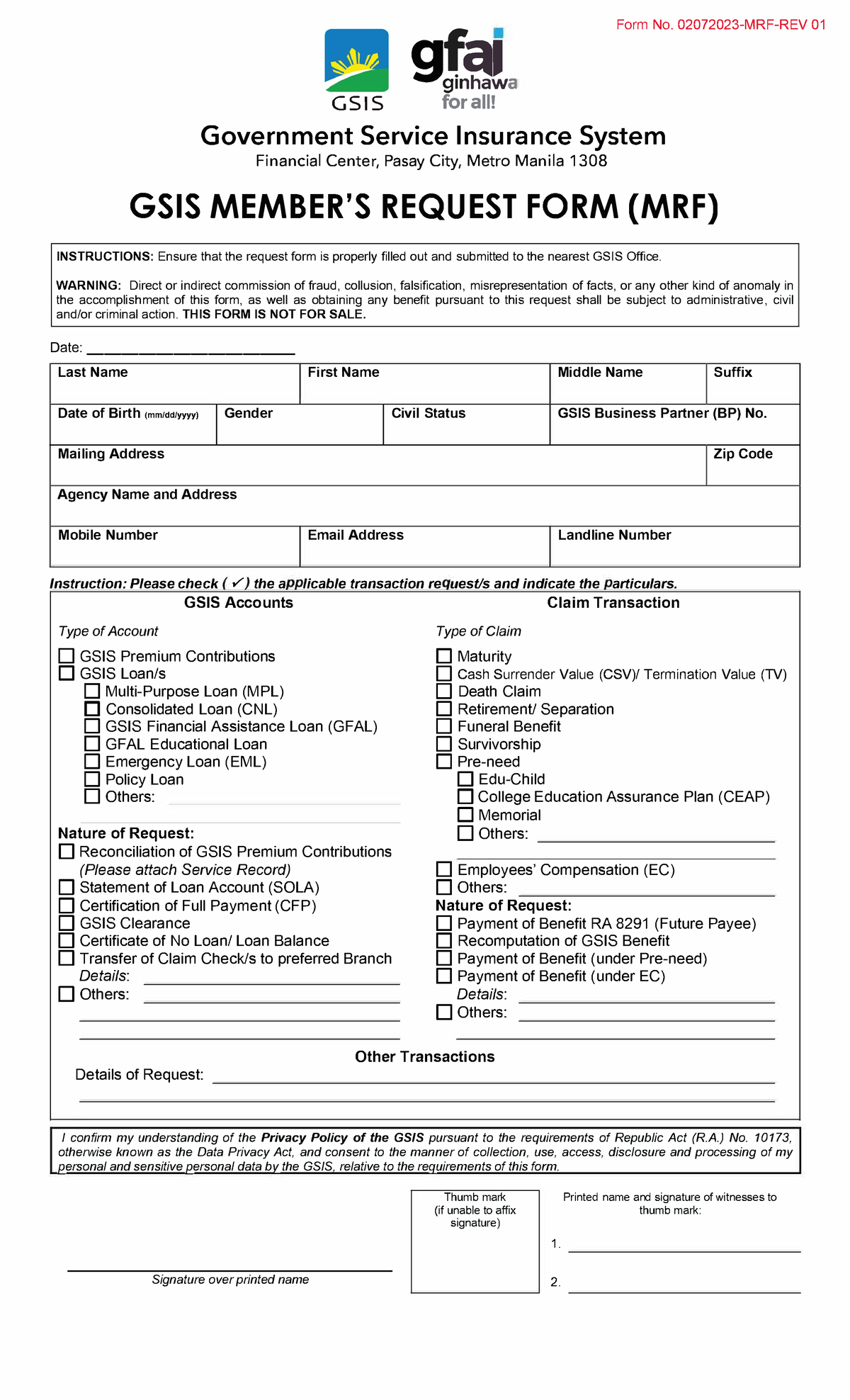 20230315-GSIS Members Request Form fillable - 9!!va Form No. 02072023 ...