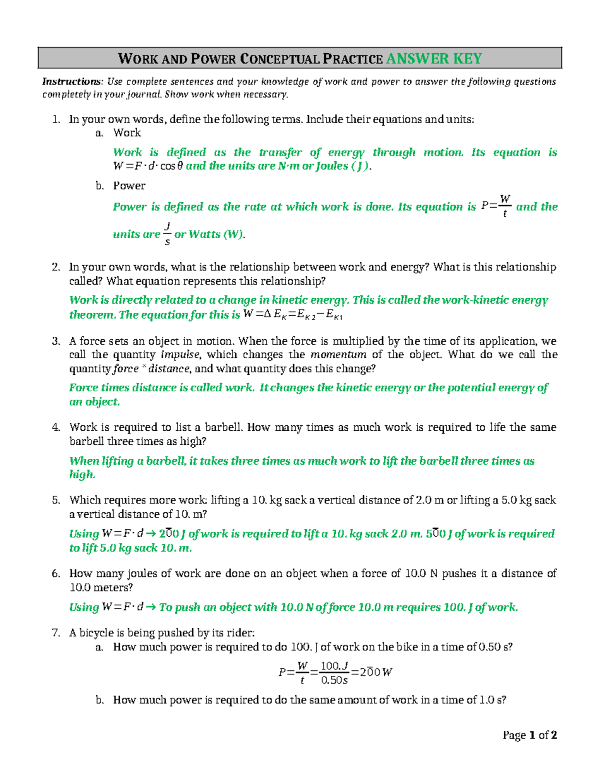 Work and power concepts key - WORK AND POWER CONCEPTUAL PRACTICE ANSWER ...
