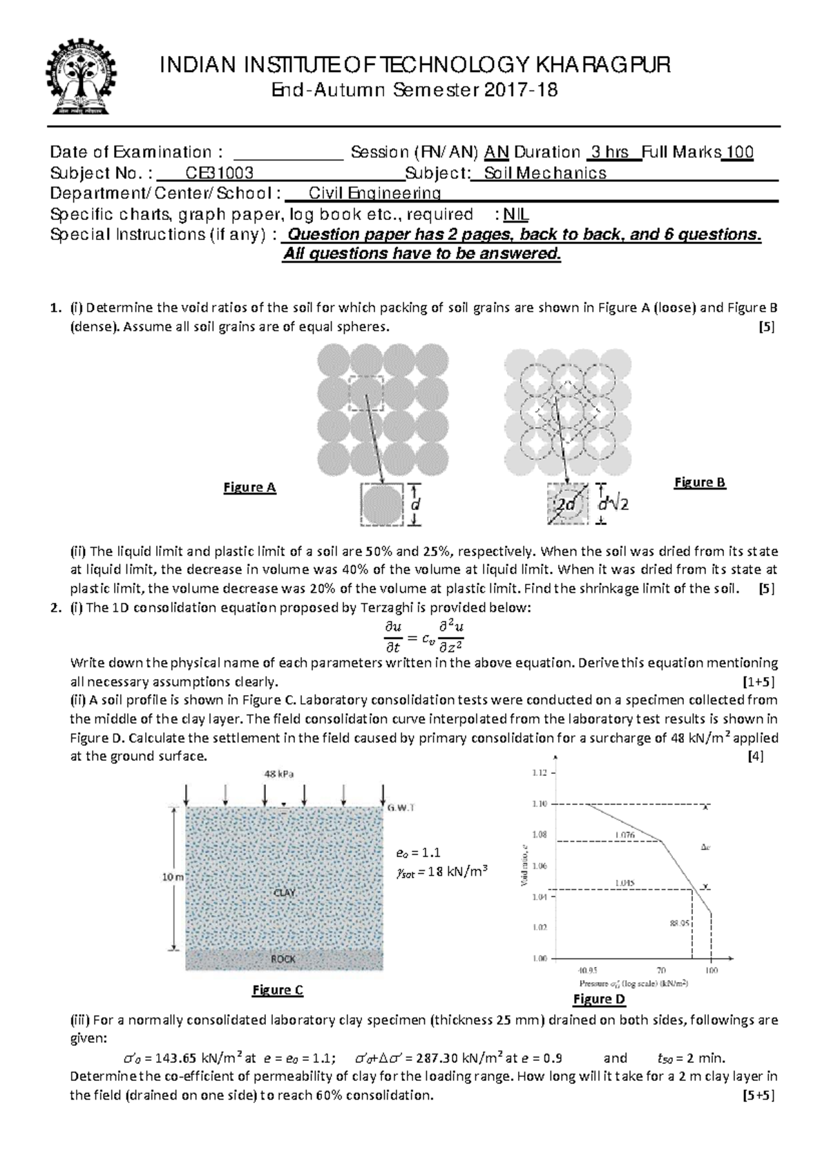 CE31003 Soil Mechanics Final Exam - Question Paper and Instructions ...