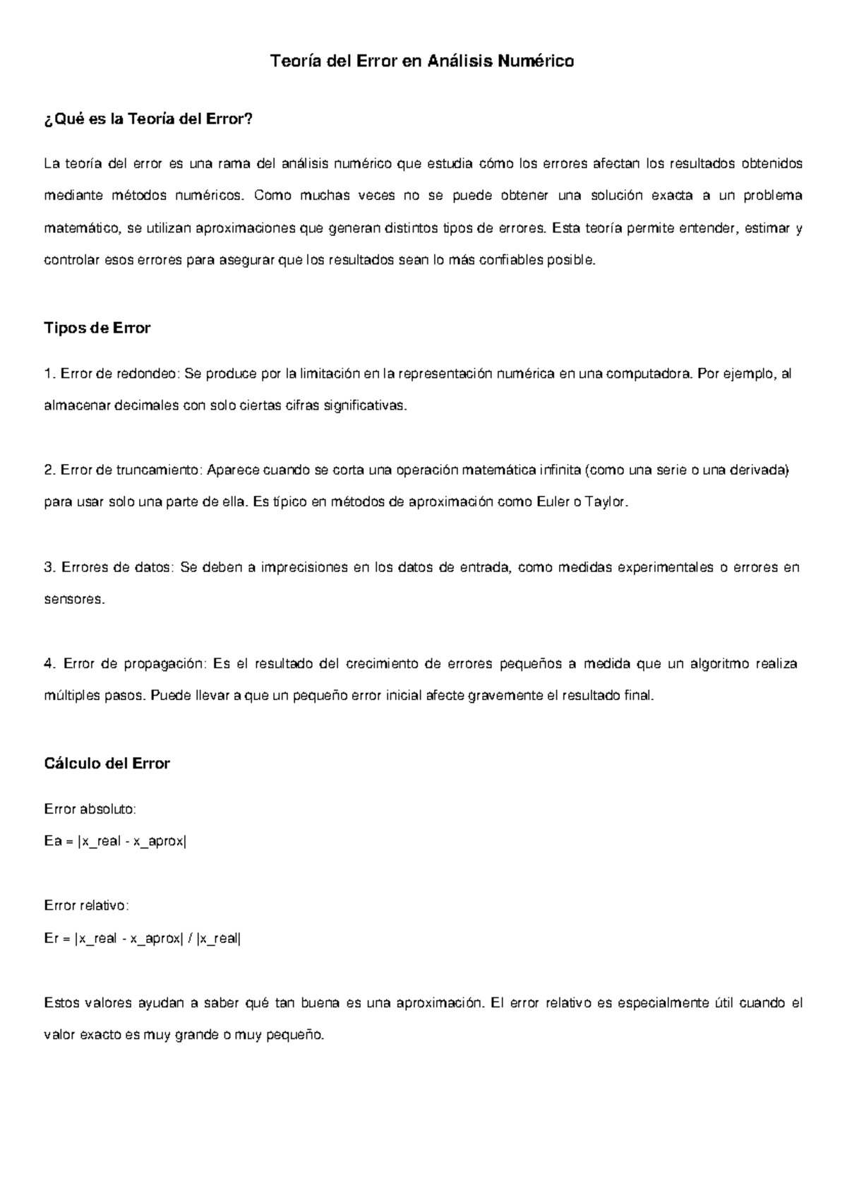 Teoría del Error en Análisis Numérico: Resumen y Tipos de Error - Studocu