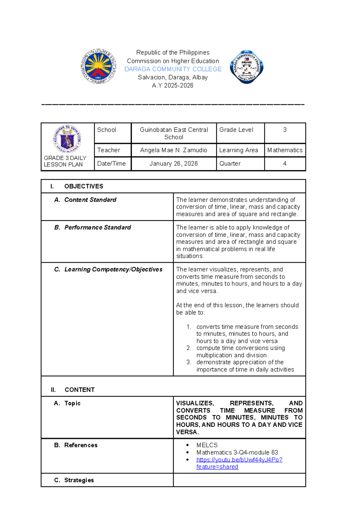 MATH 3 DLP - Grade 3 Daily Lesson Plan on Time Conversion - Studocu