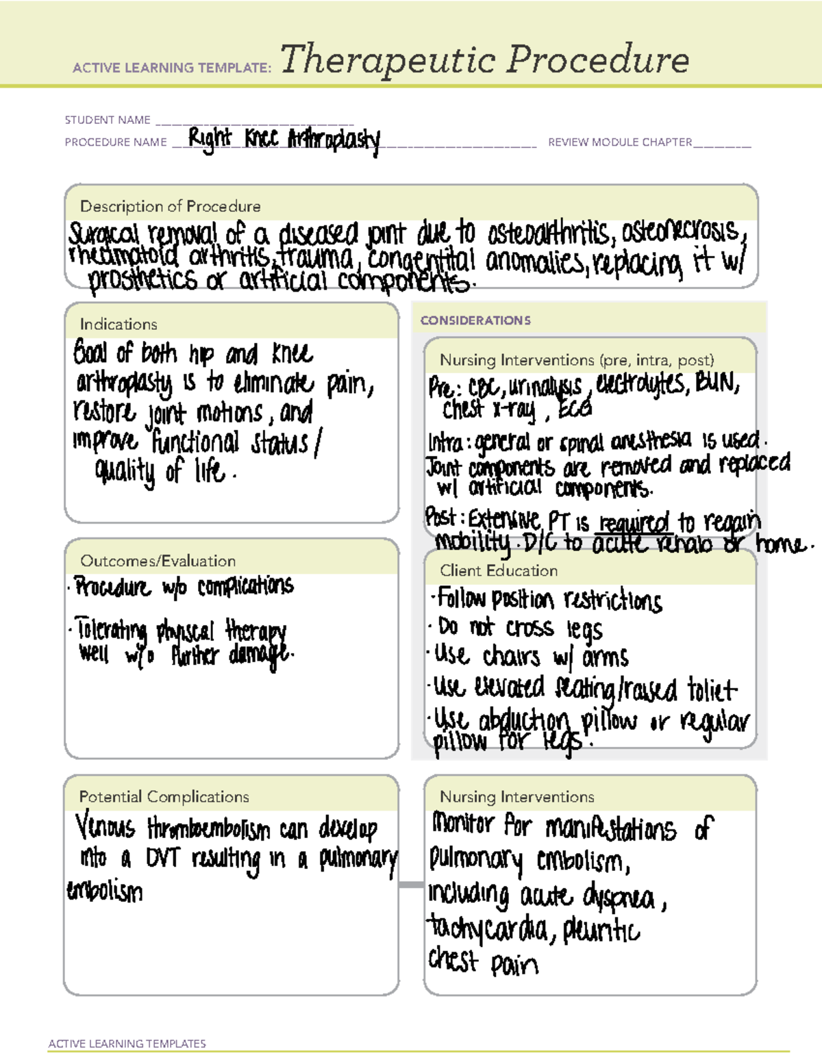 Right Knee Arthroplasty ATI: Overview and Nursing Considerations - Studocu