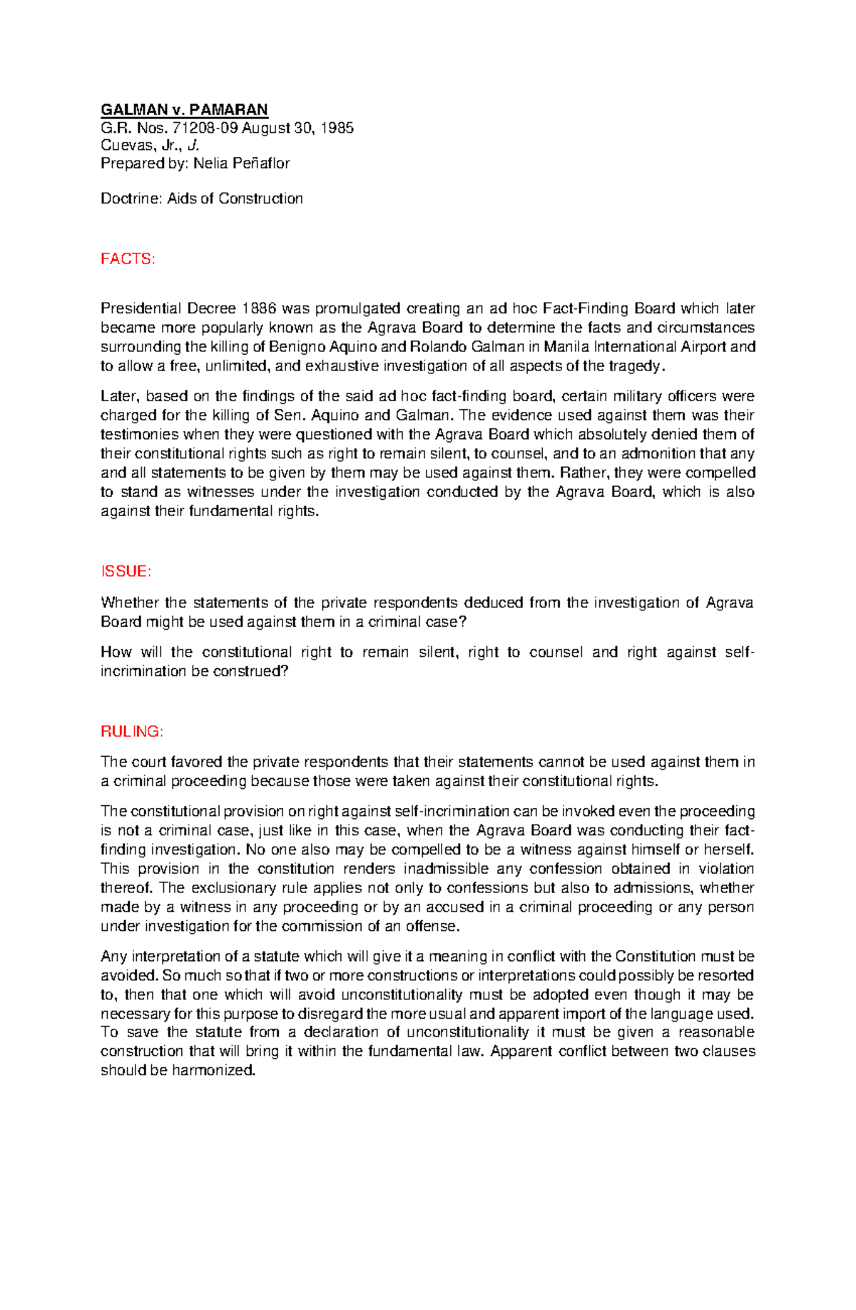 Galman v. Pamaran G.R. Nos. 71208-09 - Case Summary & Ruling - Studocu