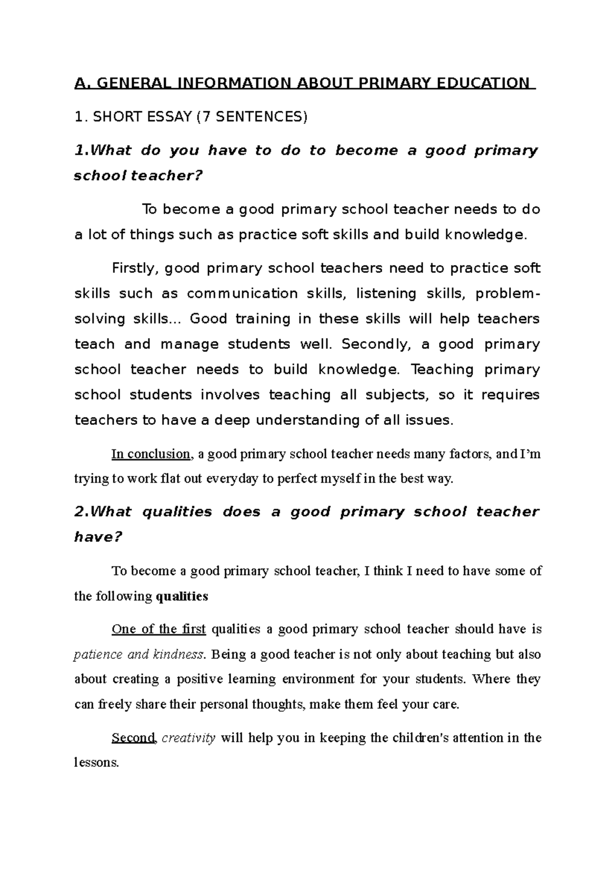 7 essay - A. GENERAL INFORMATION ABOUT PRIMARY EDUCATION 1. SHORT ESSAY ...