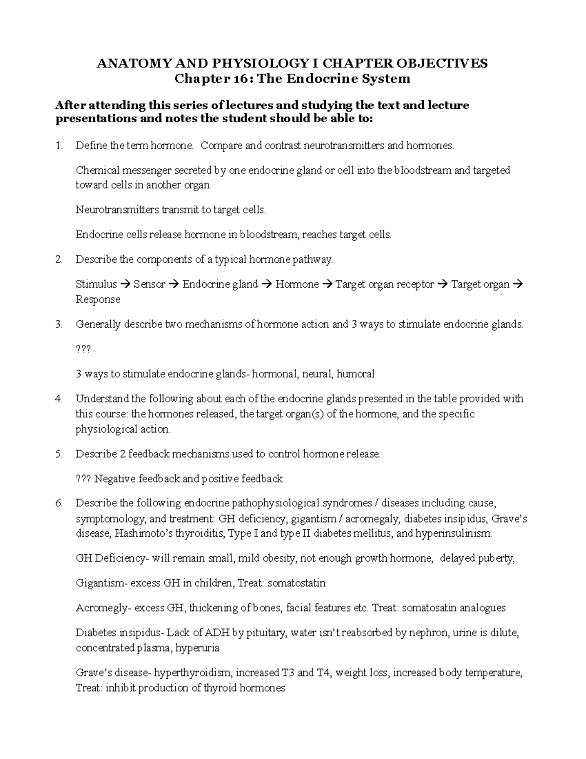 CH 16 Objectives - THE Endocrine System - ANATOMY AND PHYSIOLOGY I ...