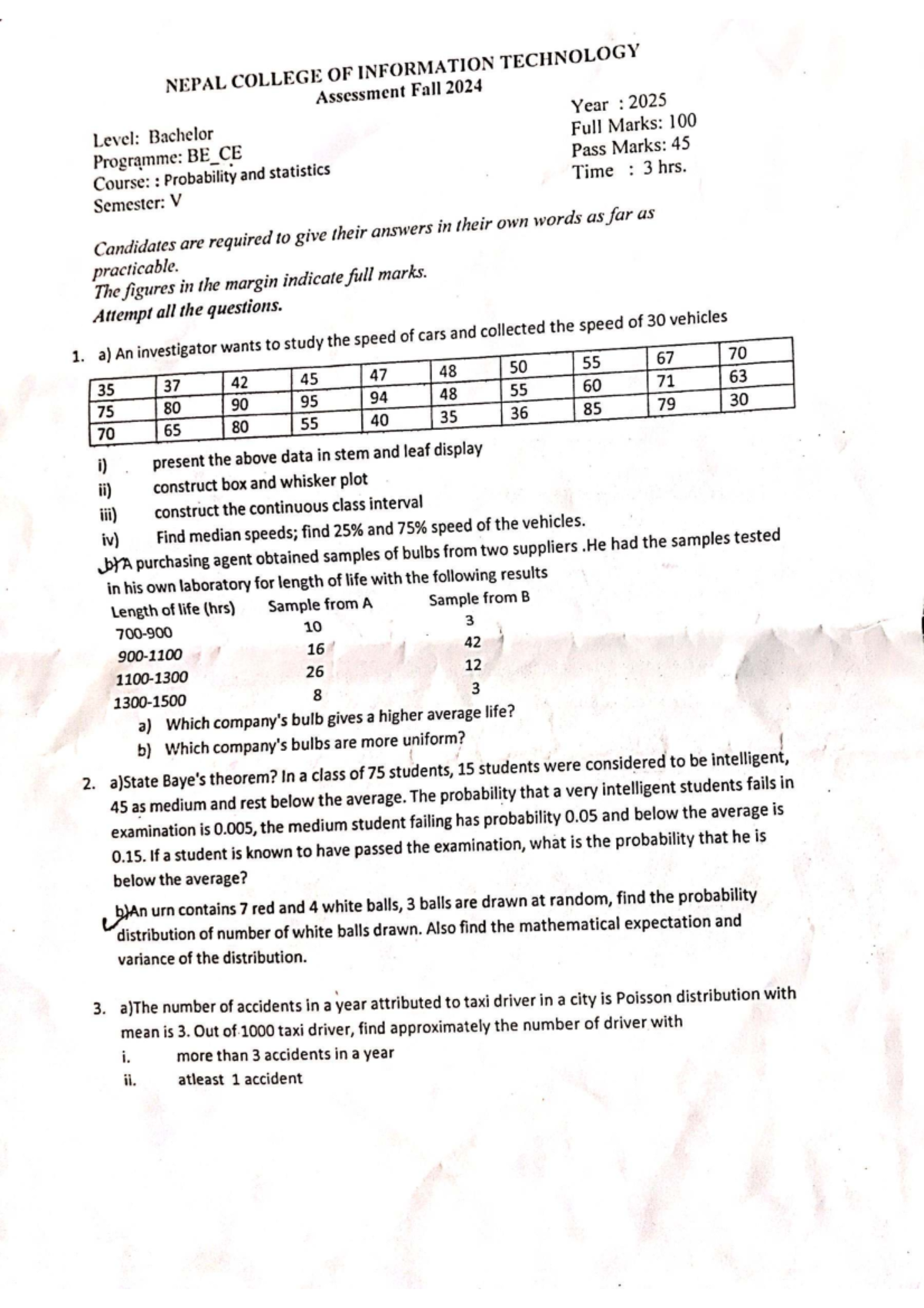 NCIT BE_CE Probability & Statistics - Past Exam Questions 2024 - Studocu