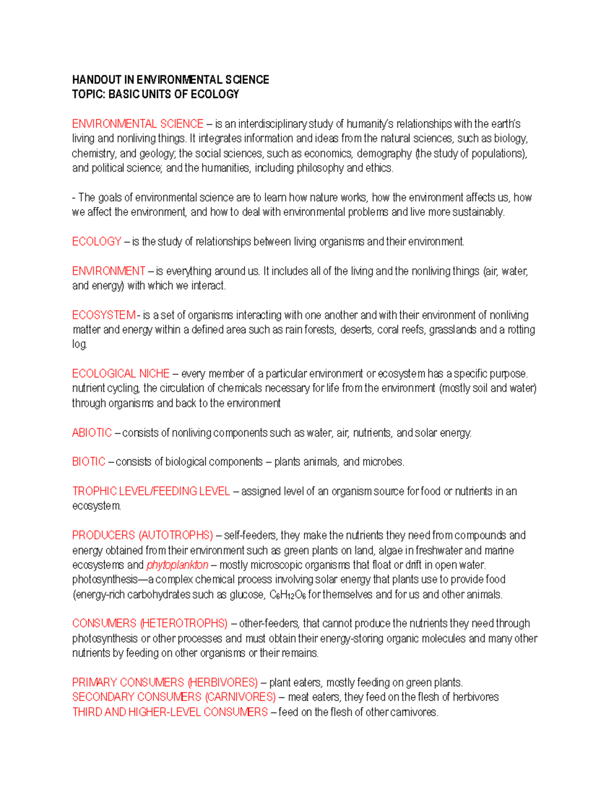 Environmental Science 101: Basic Units of Ecology Overview - Studocu