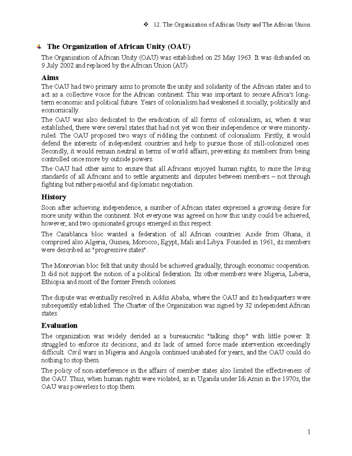 The OAU and AU: Foundations, Aims, and Development in Africa - Studocu