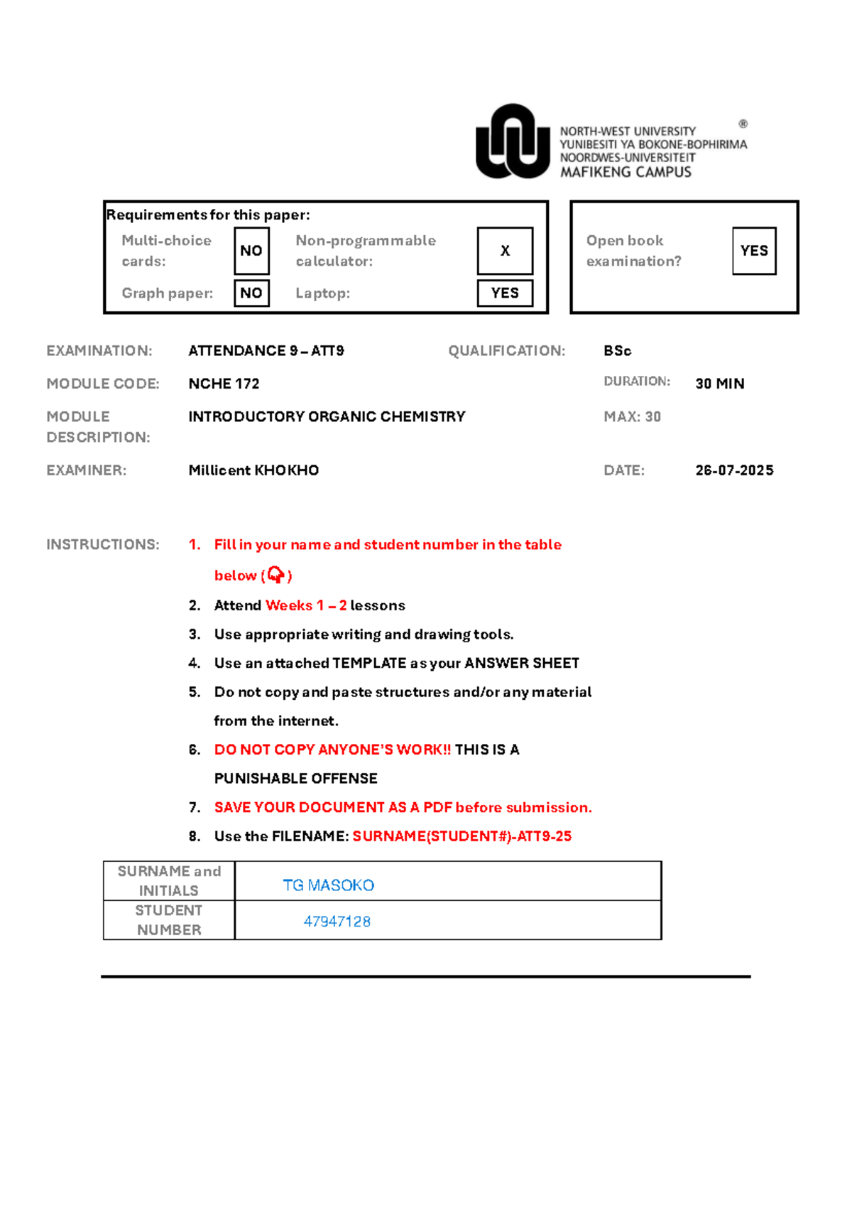 NCHE 172 Introductory Organic Chemistry Exam Instructions - Studocu