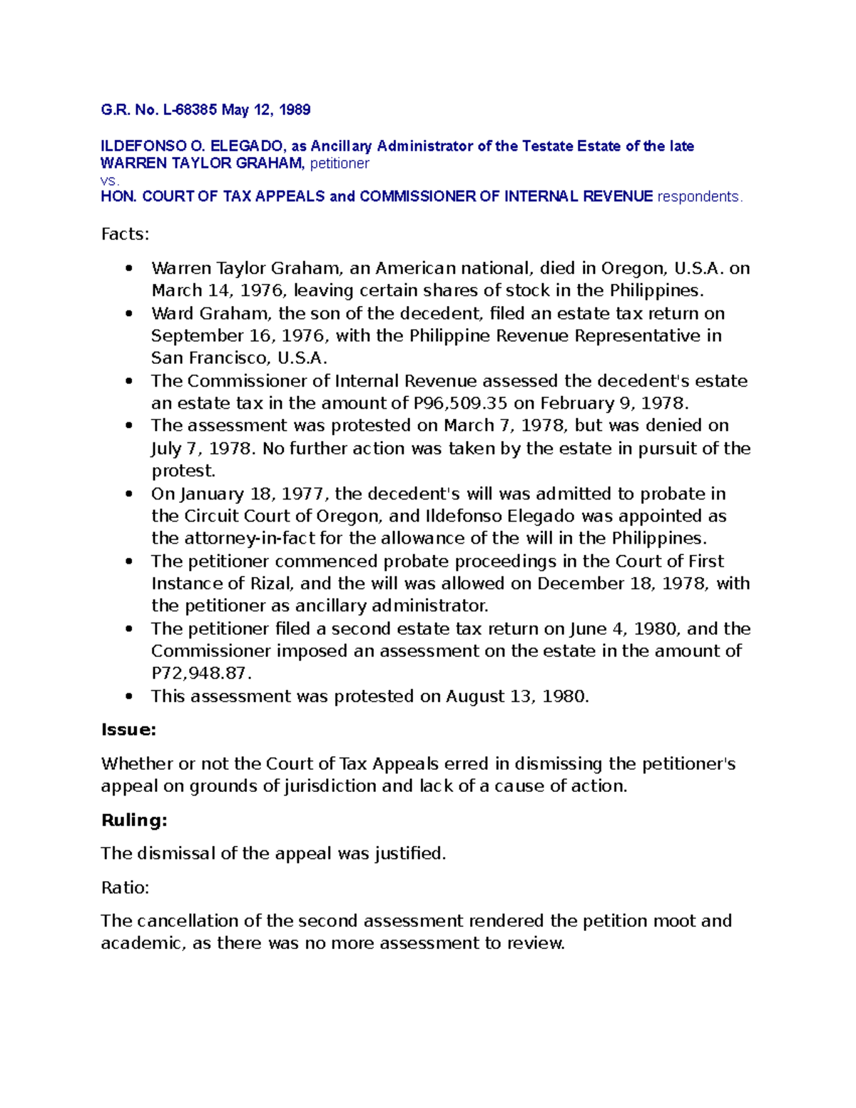 G.R. No. 1989 - Estate Tax Assessment Case Study: Elegado vs. CIR - Studocu