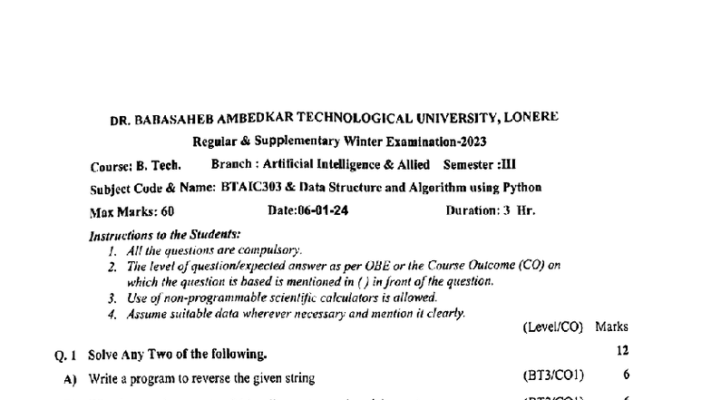 B. Tech AI 3 Sem Data Structures & Algorithms Using Python (BTAIC303 ...