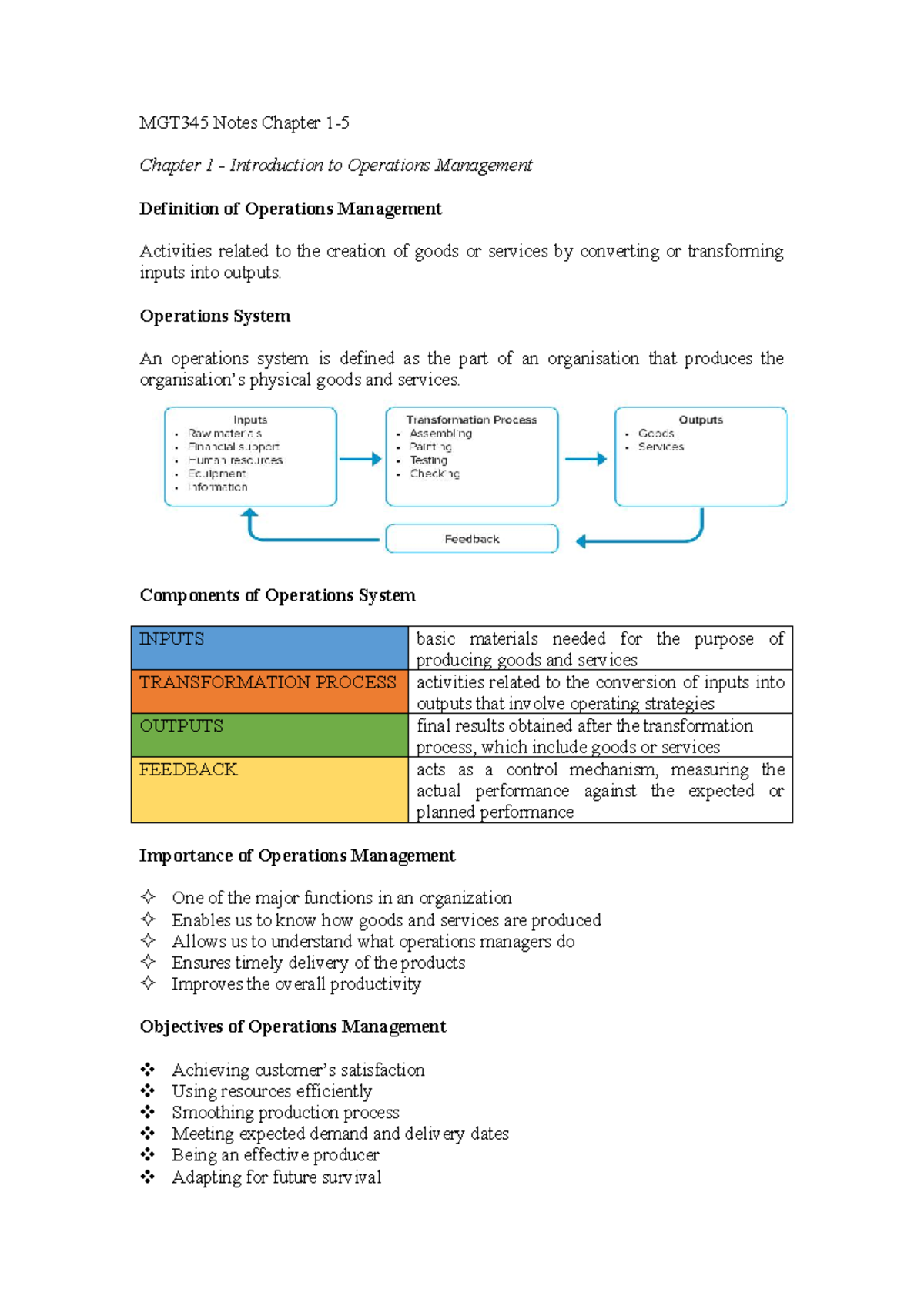 MGT345 Notes: Key Concepts from Chapters 1-3 on Operations Management ...