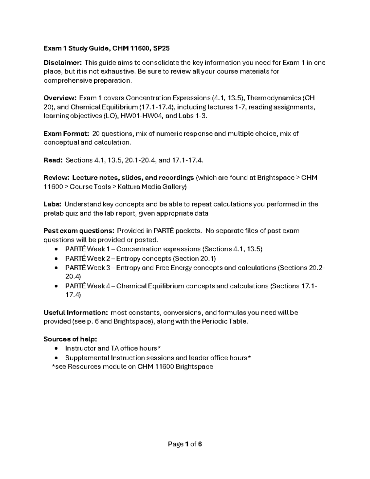 Exam 1 Study Guide - Exam 1 Study Guide, CHM 11600, SP Disclaimer: This ...